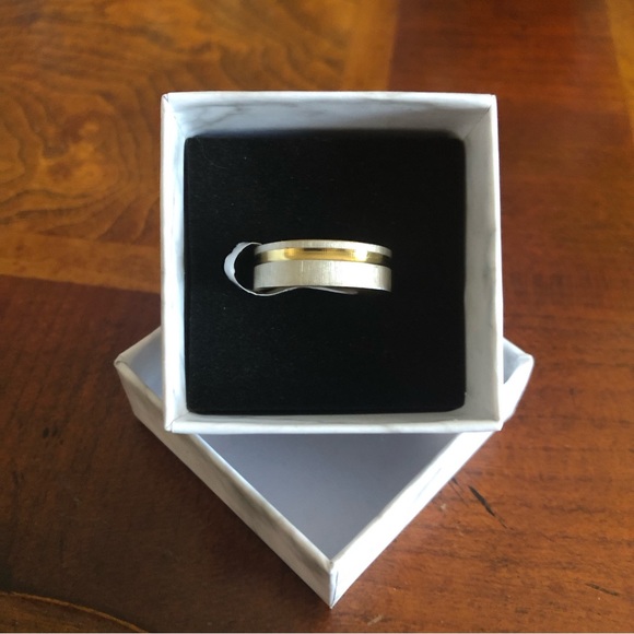 Accessories | Mens Brushed Silver Gold Strip Stainless Steel Band Ring ...